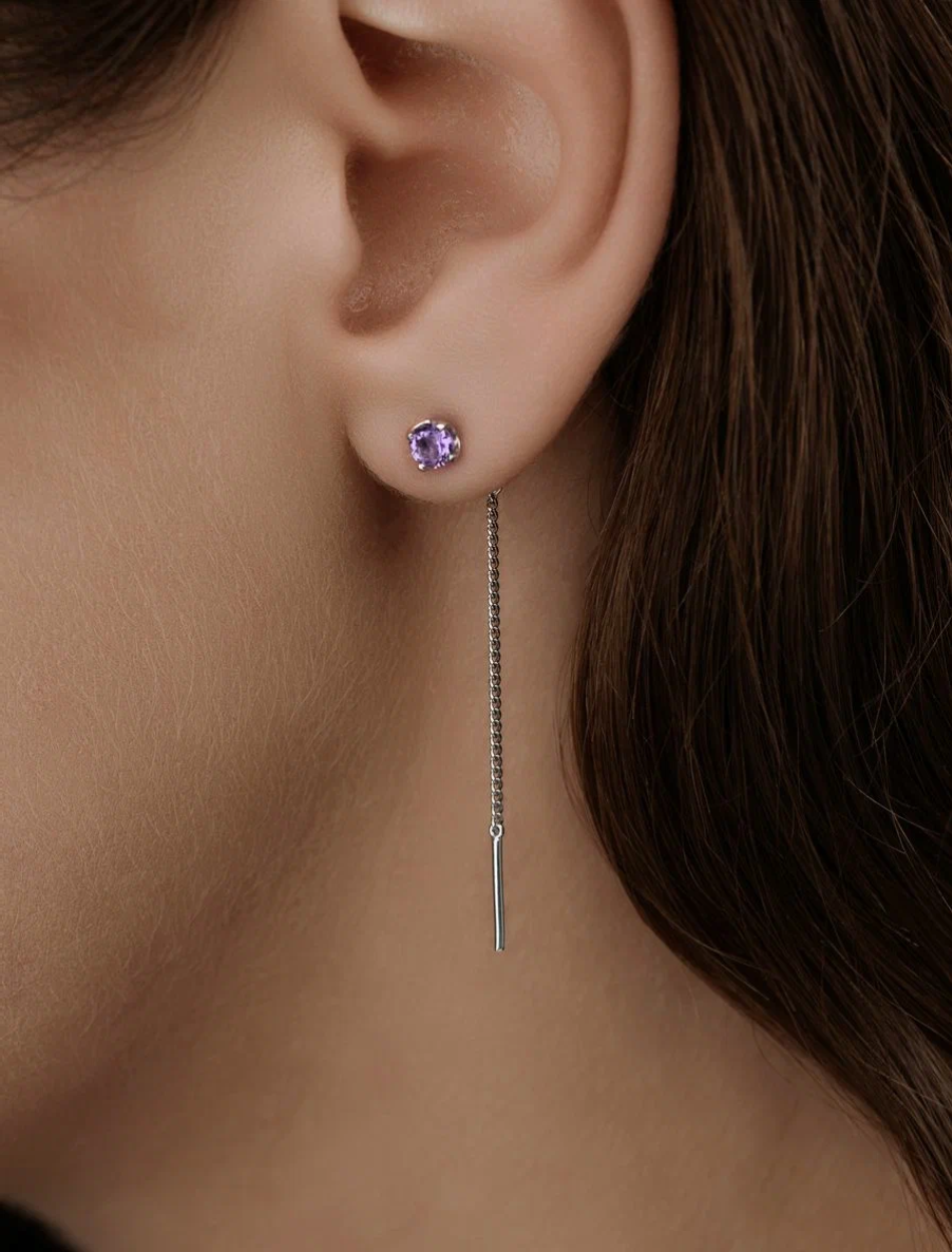 Серьги цепочки, серебро, 925 проба, родирование, аметист синтетический