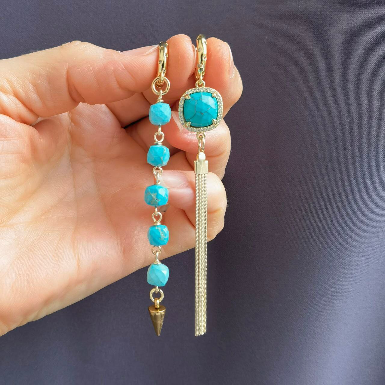 Серьги конго, с подвесками, бирюза