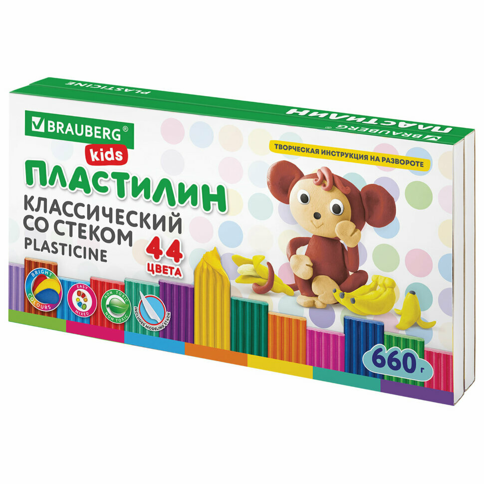 Пластилин классический BRAUBERG KIDS, 44 цвета, 660 грамм, стек, высшее качество, 106679, 106679