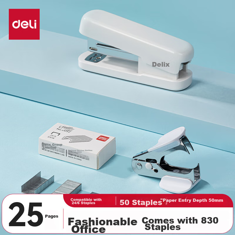 Deli No.12 Fashion Stapler 3-Piece Set Compatible with 12# Staples Office Supplies White Цвет：Белый офисный комплект из