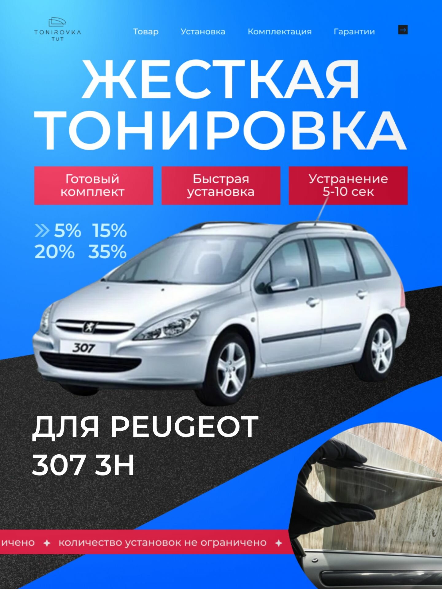 PREMIUM PLUS жёсткая тонировка Peugeot 307 3H 5% / премиум плюс съёмная тонировка Пежо 307 3H 5%