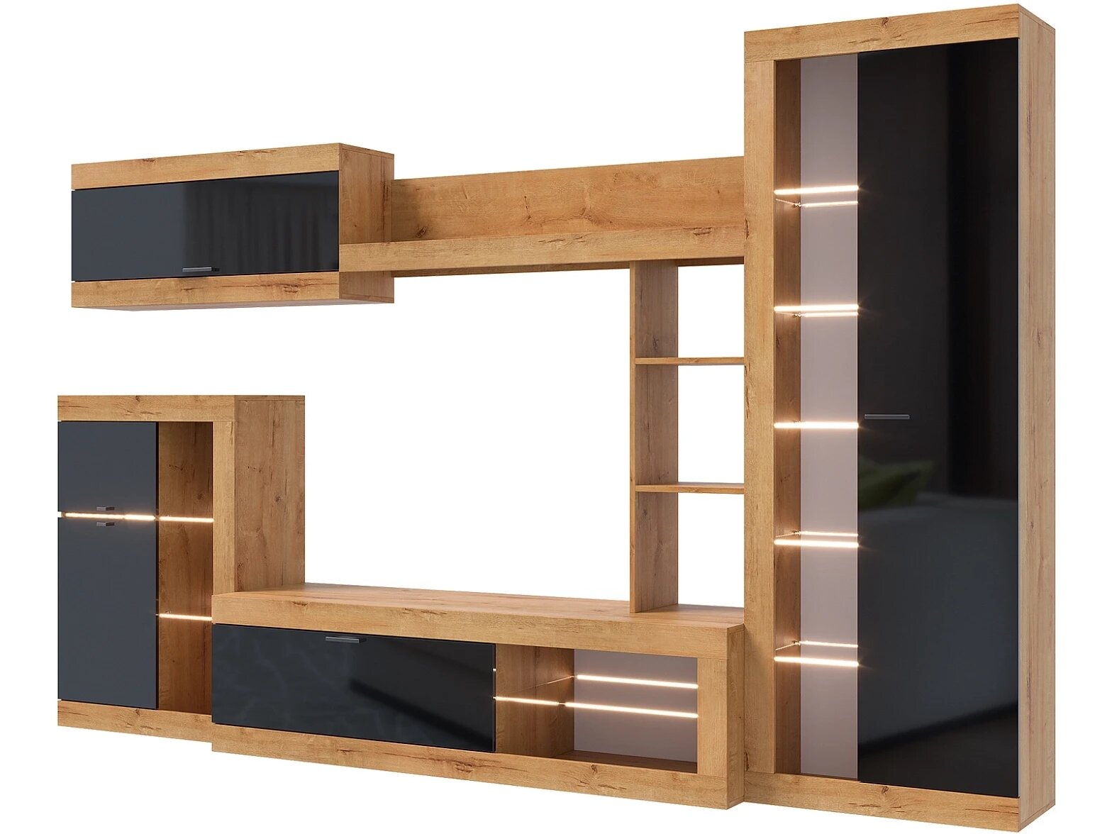 Модульная Гостиная, вариант №4, с подсветкой, Дуб Вотан/Черный глянец