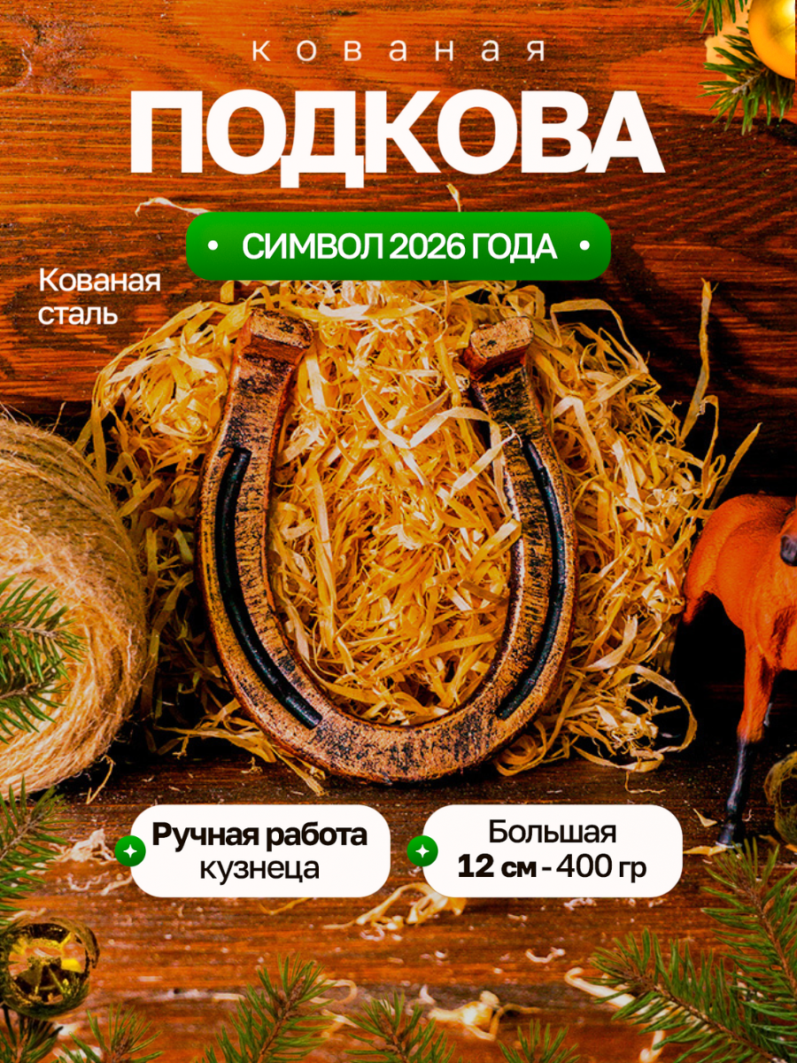 Подкова сувенир для дома кованая "Большая" 12 см, 400 гр. (медный)/оберег на дверь, подарок на новоселье, годовщину свадьбы молодоженам, подкова на счастье, удачу, Новый год