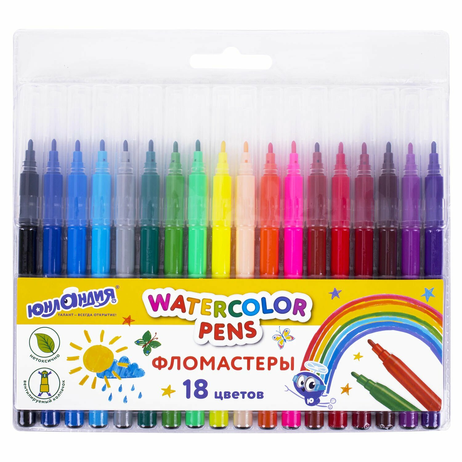 Фломастеры юнландия 18 цветов "классные!", вентилируемый колпачок, ПВХ, 152479, 3шт.