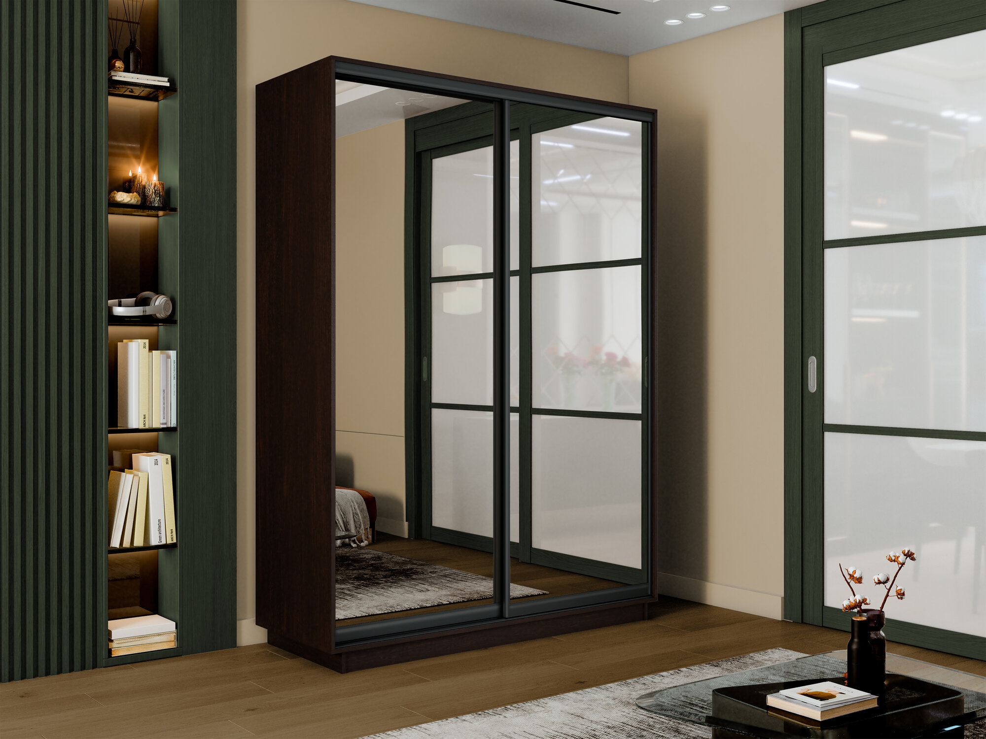 Шкаф купе Вилли 2-х дверный ЛДСП, зеркальные двери, профиль черный 120 см х 220 см х 45 см (Венге)