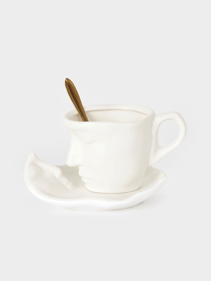 Чайная пара «Поцелуй. Лицо», 3 предмета: блюдце 14×5 см, чашка 250 мл, 12×9×8 см, ложка, керамика, белая