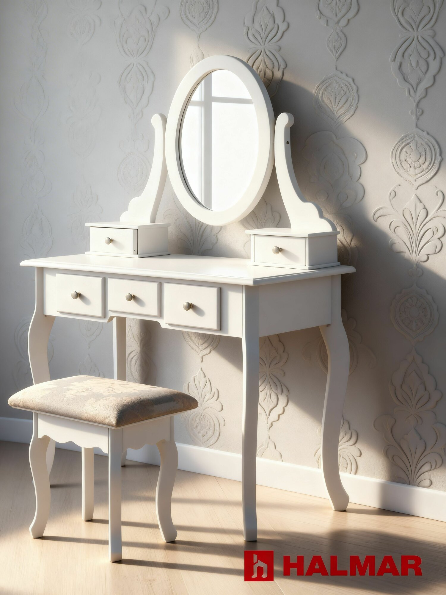 Туалетный столик HALMAR SARA комплект, консоль + табурет, белый