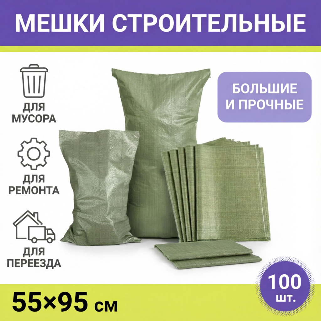 Мешки строительные полипропиленовые зеленые 55 x 95 см, термообрез, 50 шт.