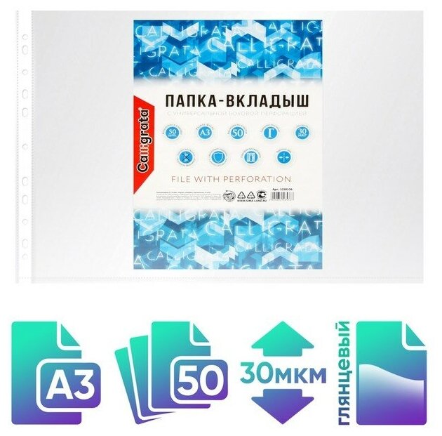 Файл-вкладыш А3, 30 мкм, Calligrata, глянцевый, горизонтальный, 50 штук