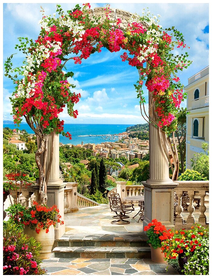 Фотообои Уютная стена "Арка с цветами с лестницей к морю" 200х270 см Виниловые Бесшовные (единым полотном)