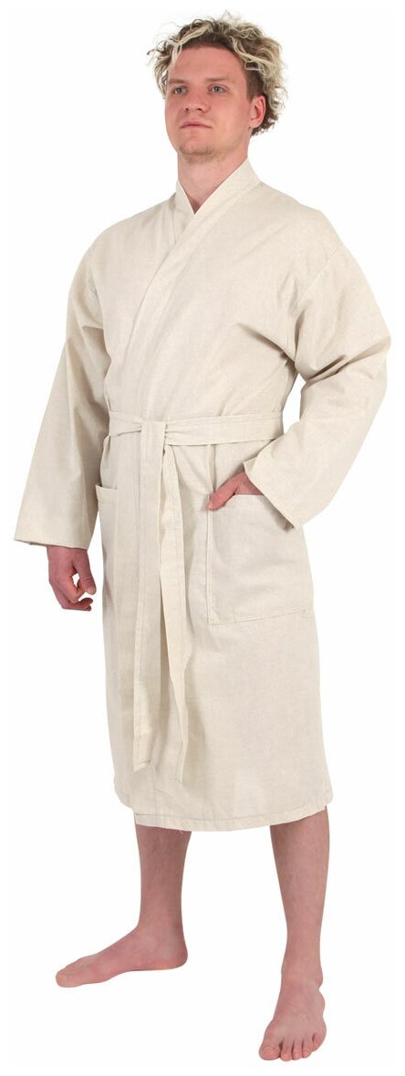 Халат для бани и сауны, классика с поясом и карманами, лен и хлопок - Бежевый, 50-54