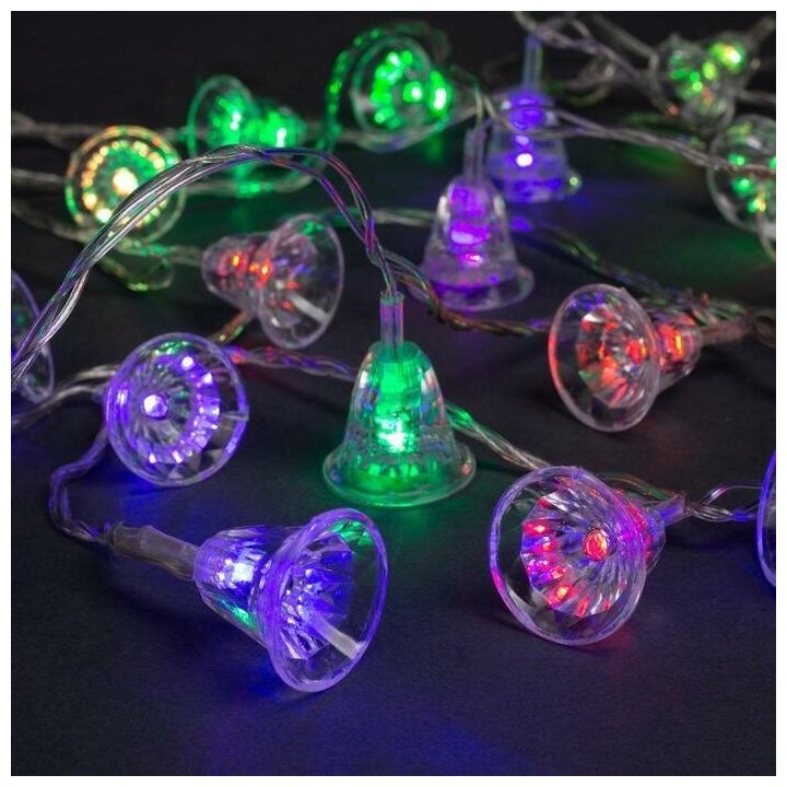Гирлянда "Нить" 5 м с насадками "Колокольчики", IP20, прозрачная нить, 20 LED, свечение мульти, мигание, 220 В