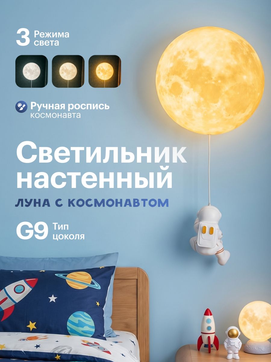 Настенный светильник Cosmolight луна с космонавтом, детское бра