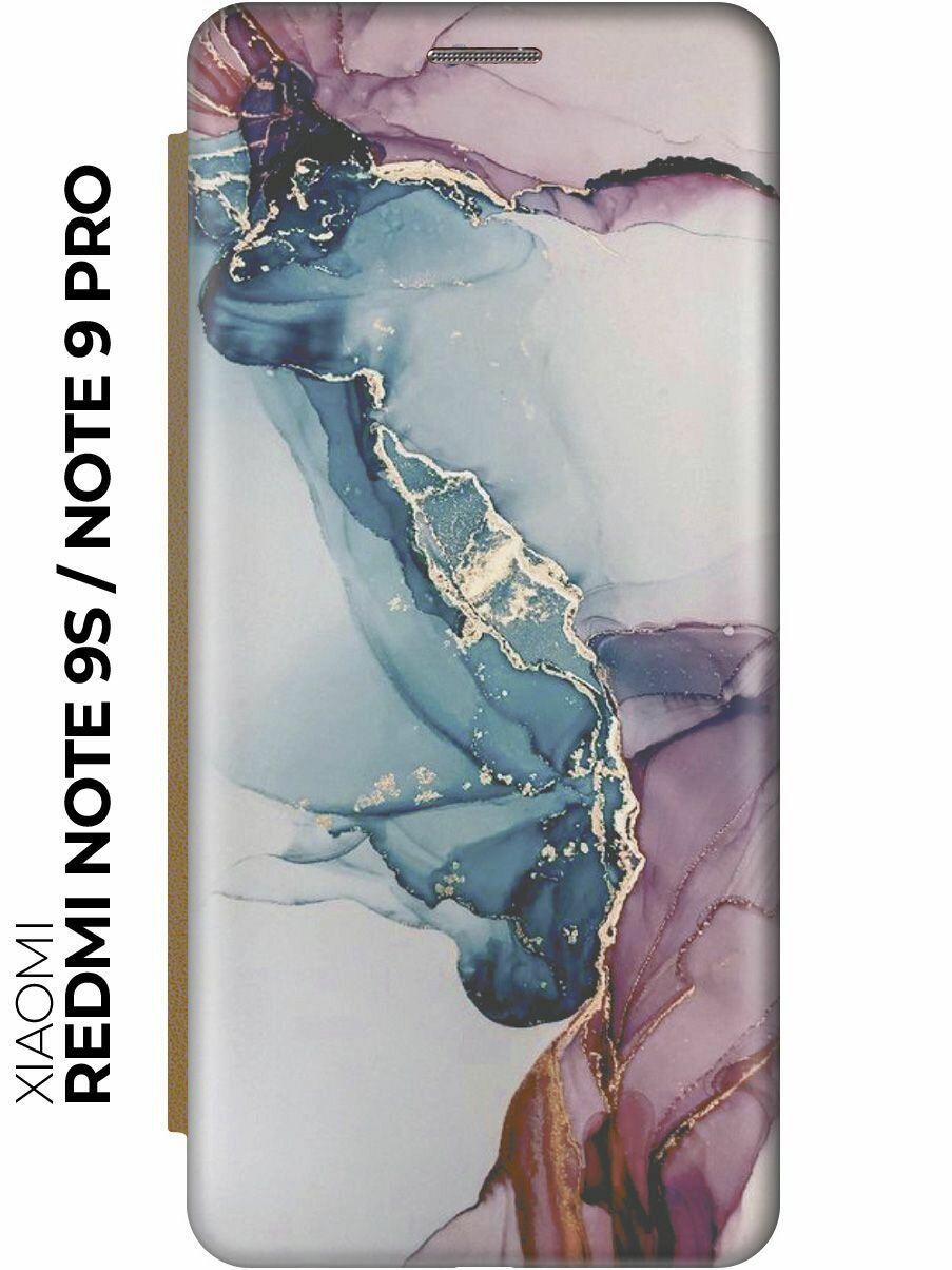 Чехол-книжка Сине-розовый мрамор на Xiaomi Redmi Note 9s / Note 9 Pro / Сяоми Редми Ноут 9с / Ноут 9 Про золотой