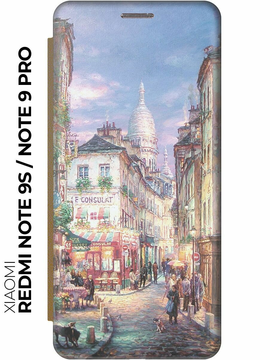 Чехол-книжка Пейзаж Монмартра на Xiaomi Redmi Note 9s / Note 9 Pro / Сяоми Редми Ноут 9с / Ноут 9 Про золотой