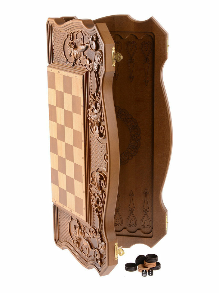 Нарды "Львы" с шашками и шахматами из массива бука (59 x 30 x 6 см, объемный рисунок)