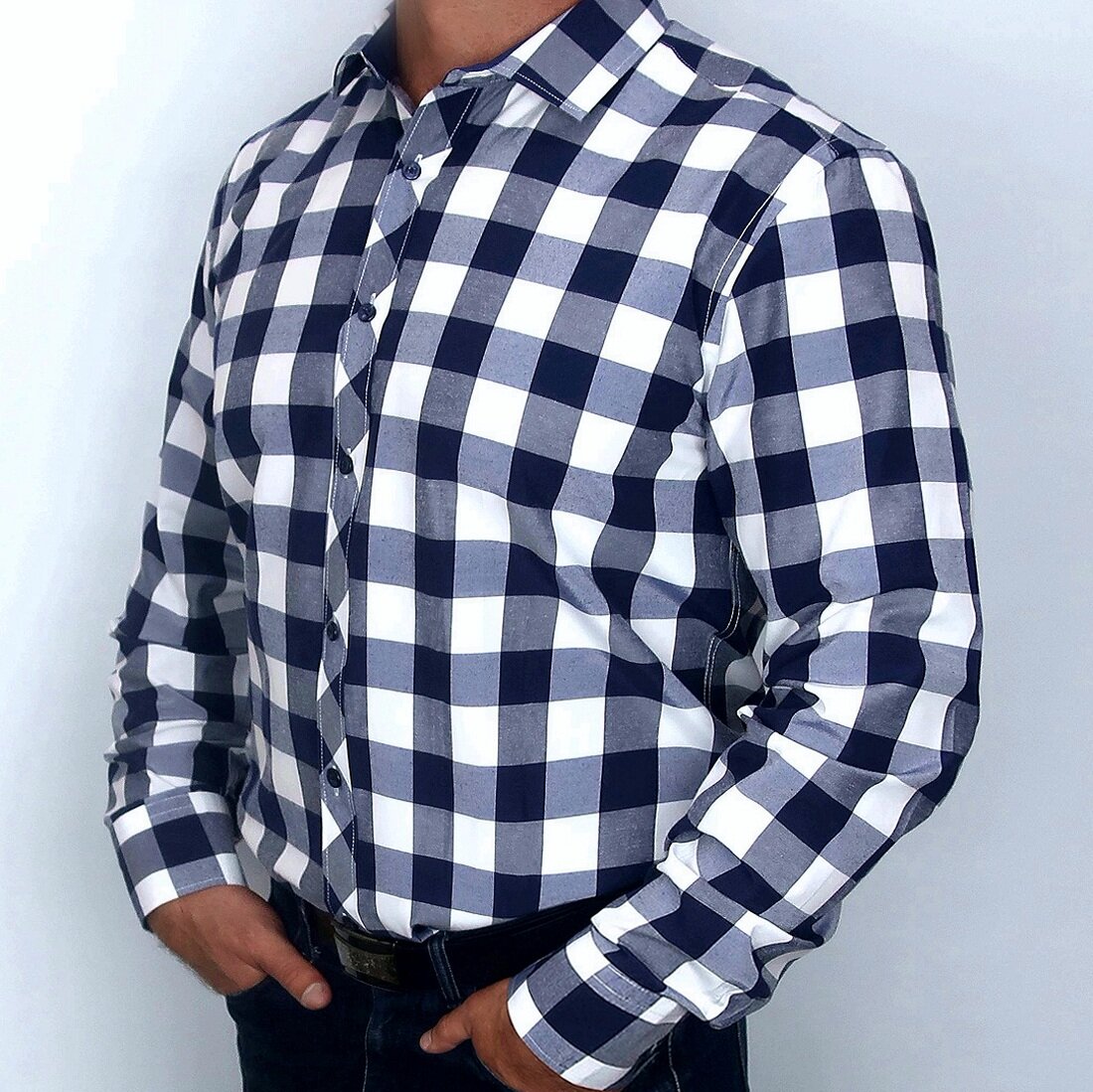 Рубашка Мужская рубашка с длинным рукавом приталенная, темная сорочка на пуговицах, рубаха на любой сезон, разноцветная клетка, без карманов, на любой сезон и на лето рубашка Slim fit с приталенным кроем зауж