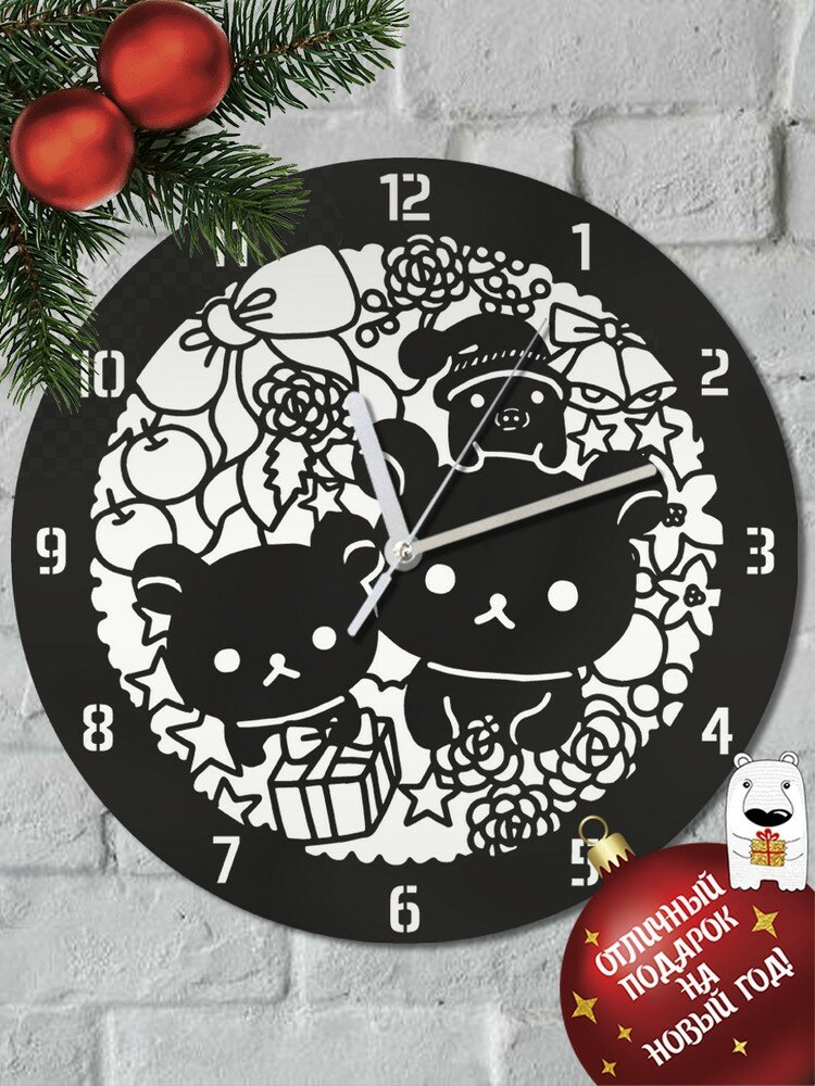 Настенные деревянные бесшумные часы Новый год Рилаккума (украшения, шишки, медвежата, кавай, аниме) - 6118