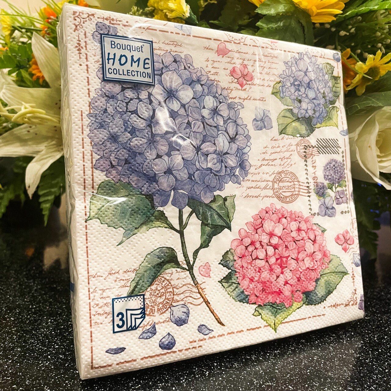 Салфетки бумажные Desna "Открытка с Гортензиями", 33x33 см, с рисунком, целлюлоза