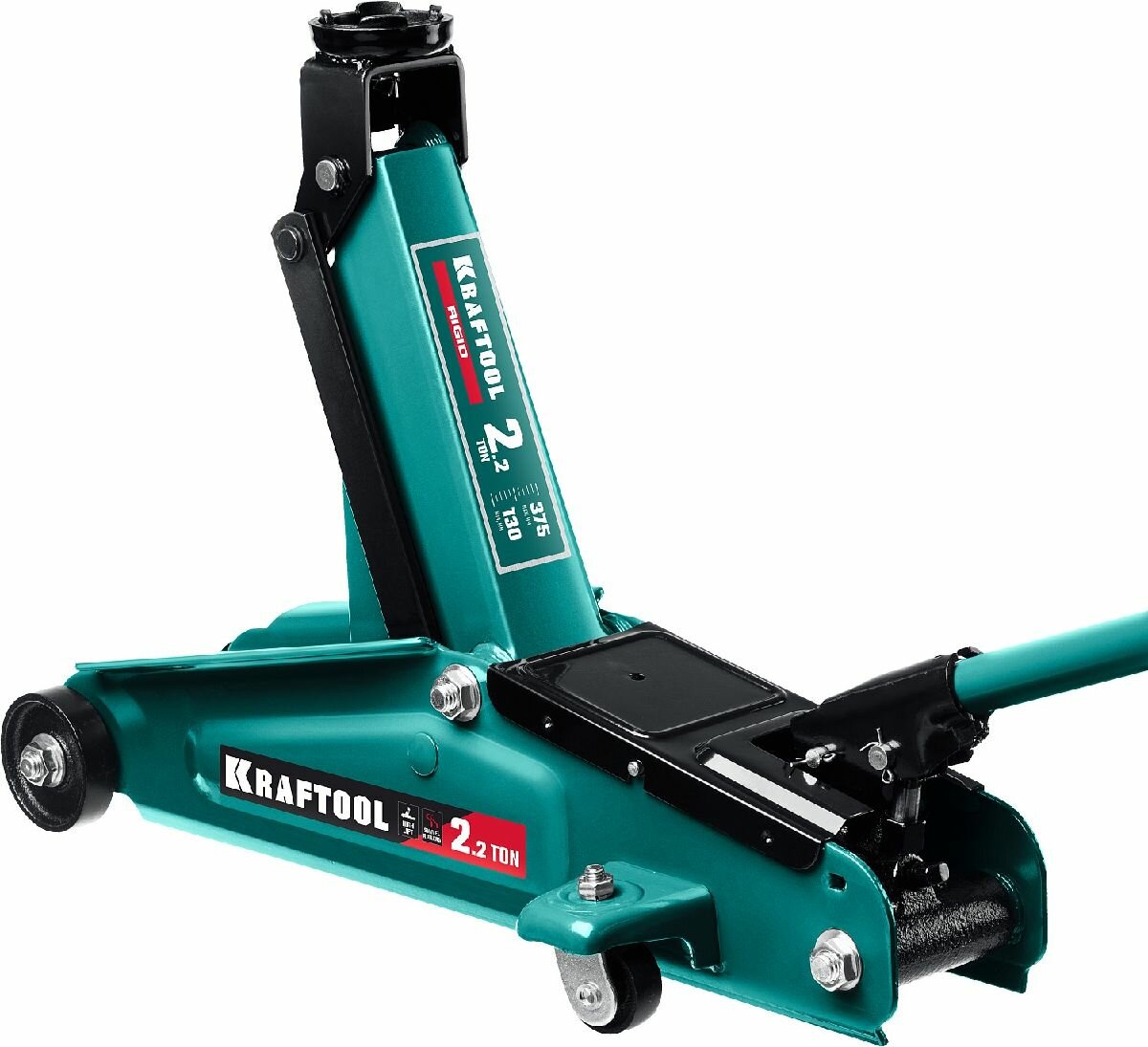 Подкатной домкрат KRAFTOOL RIGID 2.2т 130-385мм с увеличенным подъемом грузоподъемность 2.25т минимальная высота подхвата 130мм максимальная высота подъема 385мм