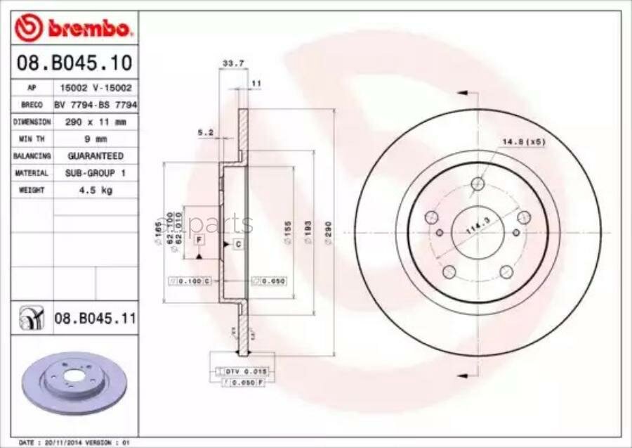 BREMBO 08. B045.10 Диск торм. зад.[290x11] 5 отв.