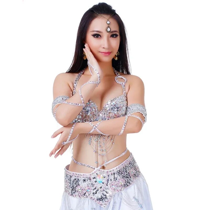 MIA GENOVIA Танцевальный костюм для belly dance, бюстгальтер и пояс с бисером Белый, М, серебристый