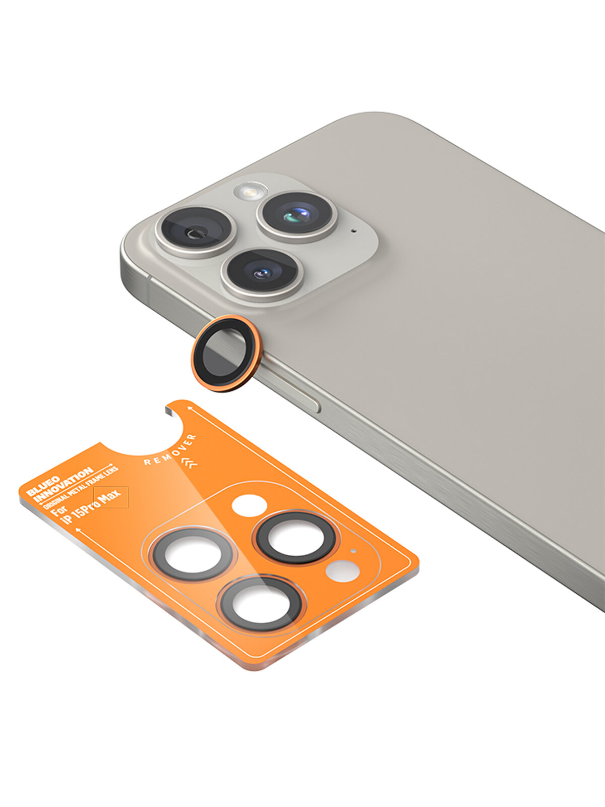 BlueO стекло для iPhone 15 Pro Max, Camera lens Armor metal 3 шт. Orange (+installer)