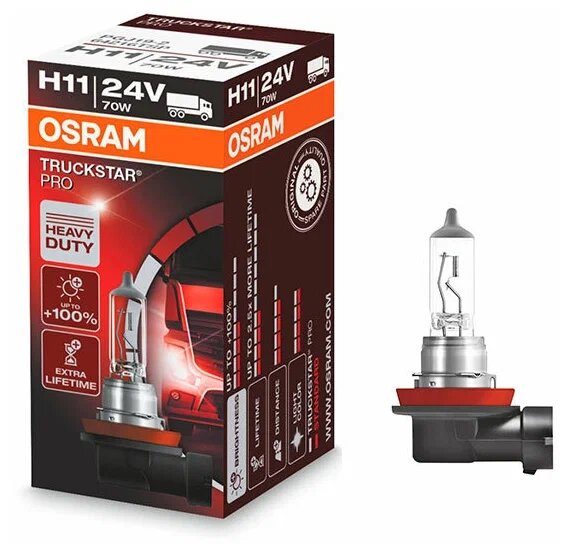 Галогенная Лампа Osram H11 (70w) Pgj19-2 Truckstar Pro 24v 3200К стандартного жёлтого света, арт. 64216TSP