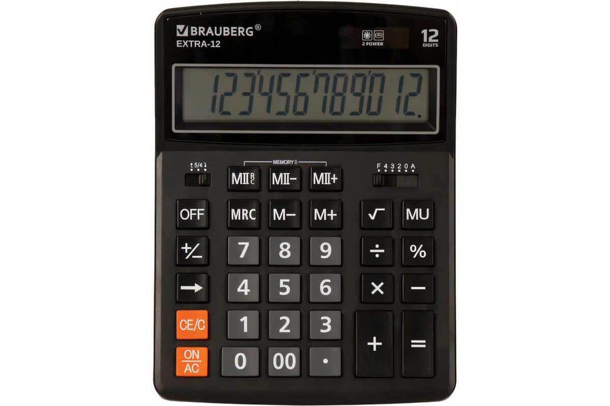 BRAUBERG EXTRA-12-BK Настольный калькулятор 12-разрядный двойное питание 206x155 мм черный
