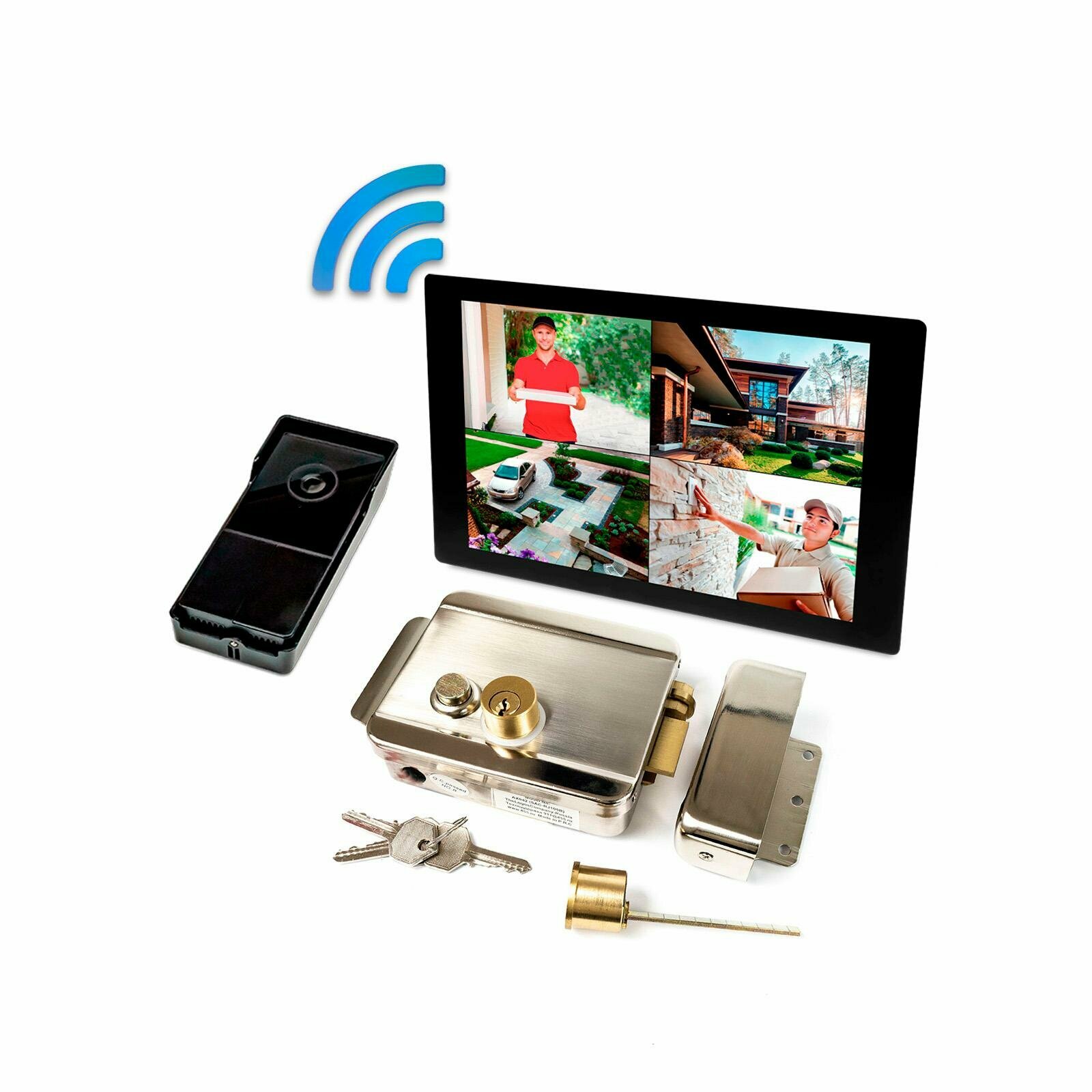 Беспроводной видеодомофон с замком - Sky-Net 1000 (1+0+AX042) (Q23908SKY): Wi-Fi HD монитор 10 дюймов, 3mp вызывная панель, электромеханический замо