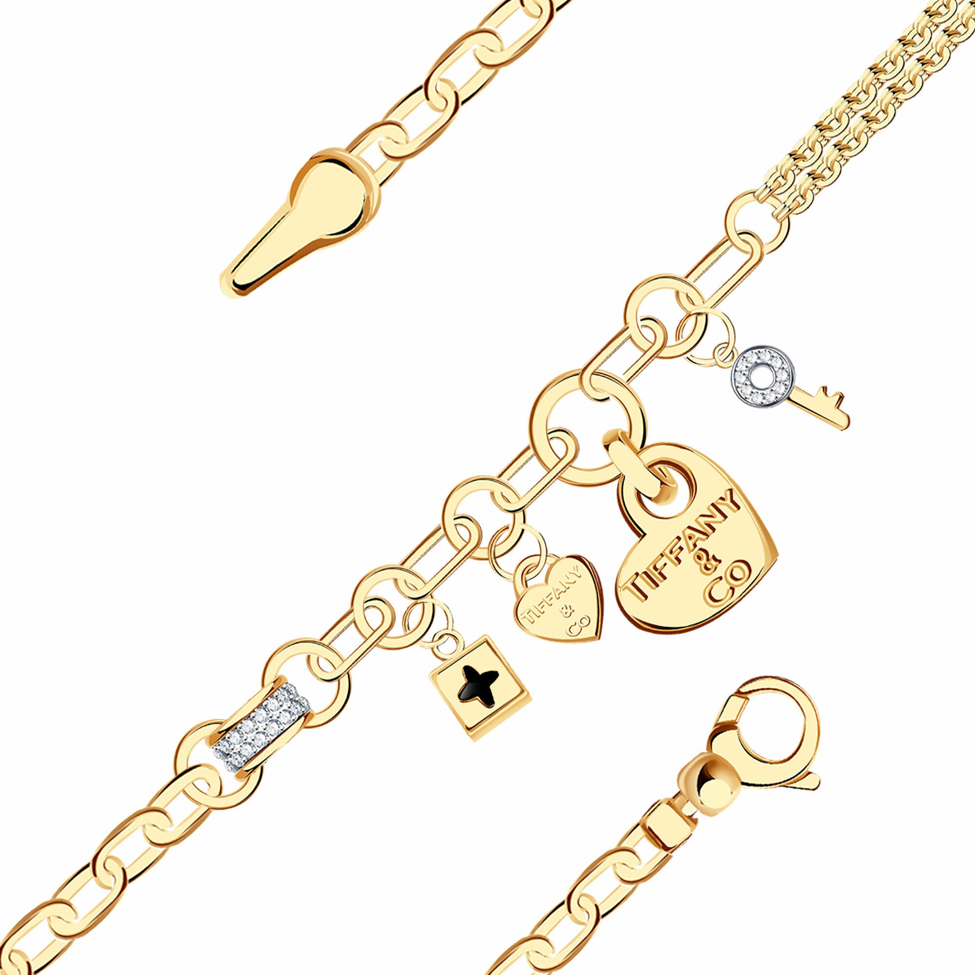 Браслет, красное золото, 585 проба, оникс, фианит