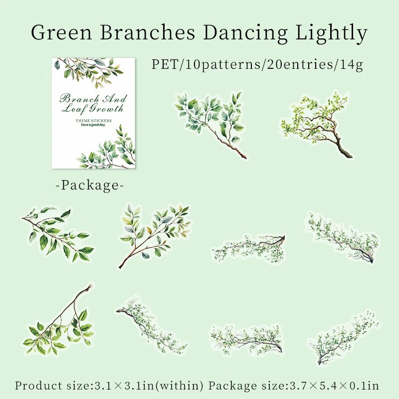 Наклейки Green Branches Dancing Lightly, 10 patterns, 20 entries, C