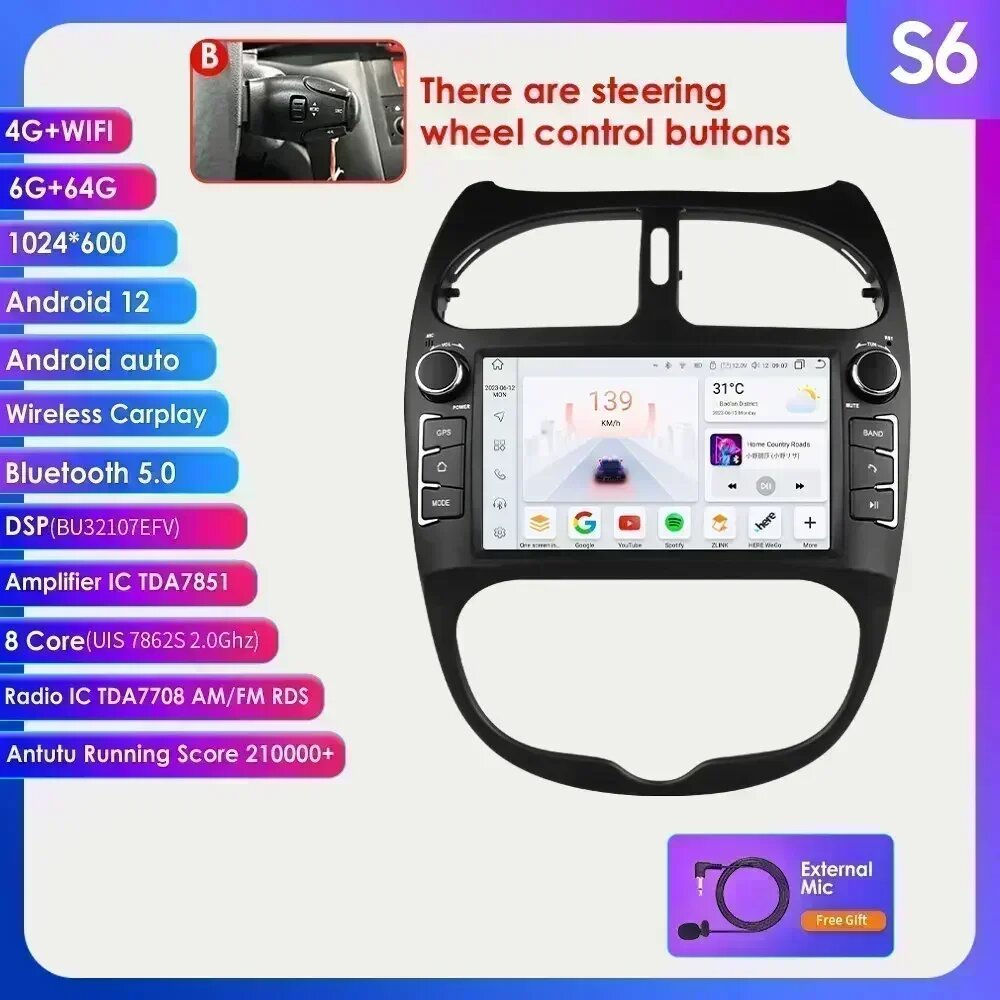 Hizpo 7862 2din Android 13 Автомобильный радиоприемник для PEUGEOT 206 206CC 206 SW 2000-2008 Автоматический мультимедийный плеер GPS Авторадио Carplay Navi S6-6G 64G-8cores-4GB