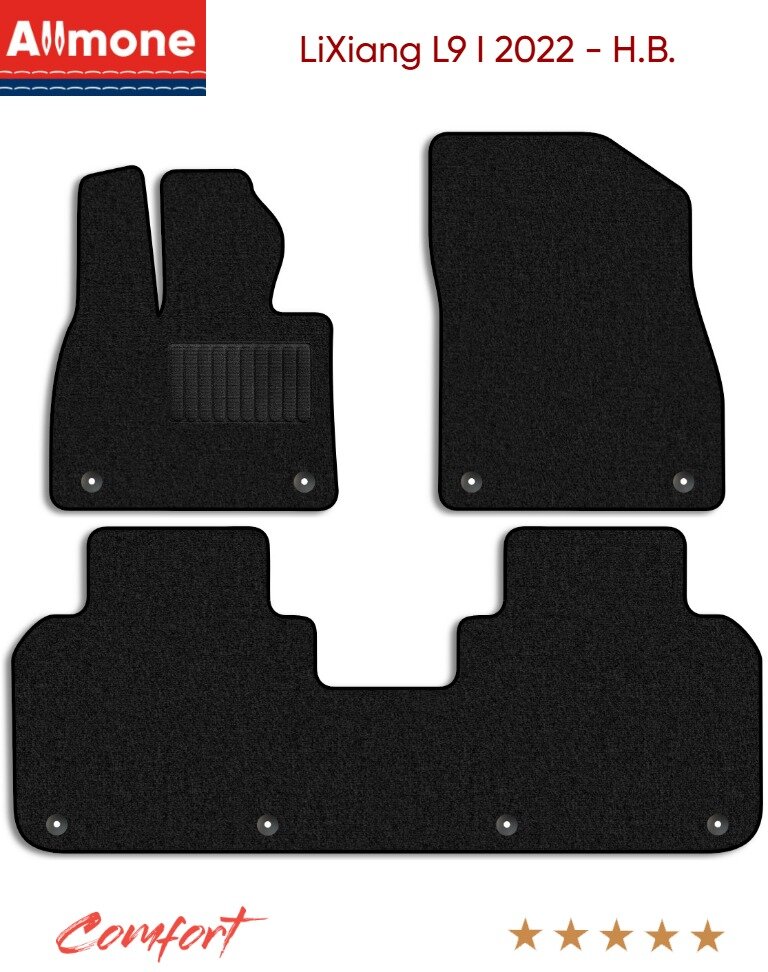 Ворсовые коврики для LiXiang L9 1 (Гибрид) 2022 - Н. В. задний цельный, черные, Allmone, "Комфорт" 3шт, / Ликсианг