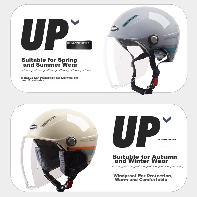 YEMA 3C Certified 359S Electric Motorcycle Helmet, Lightweight Summer Half Helmet for Men And Women, Electric Scooter Safety Helmet, All-Season Use, Yue Dong Gray with Colorful Band, Clear Long Visor