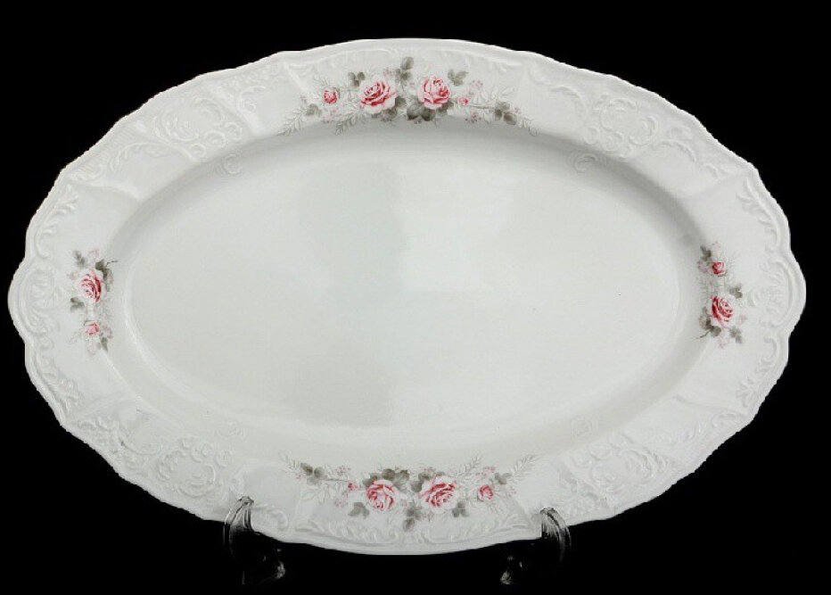 Блюдо овальное 39 см, 1 шт. "Bernadotte" "Серая роза", отводка платина Чехия