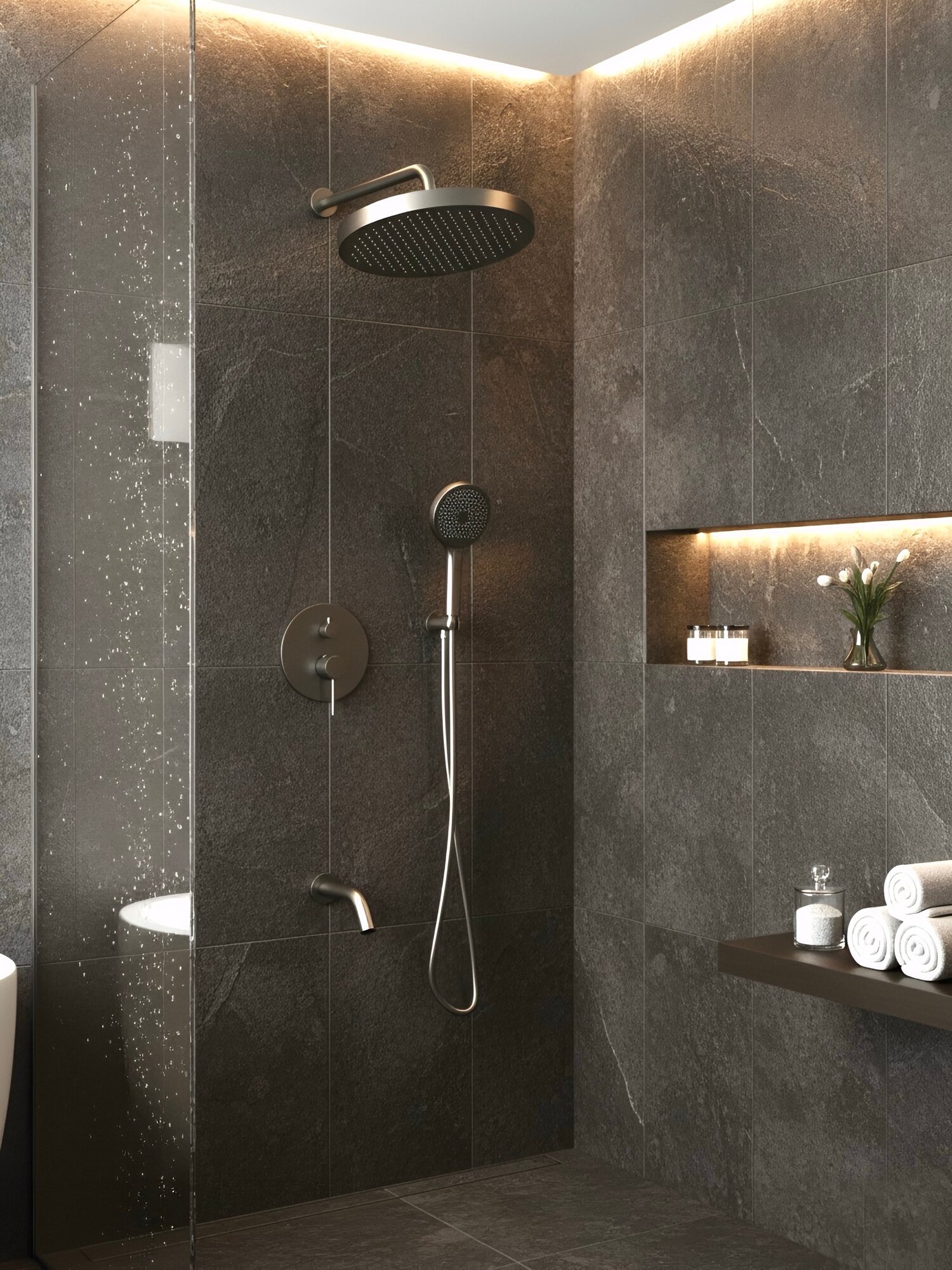 Душевая система с тропическим душем и смесителем скрытого монтажа, оружейная сталь/серый металл