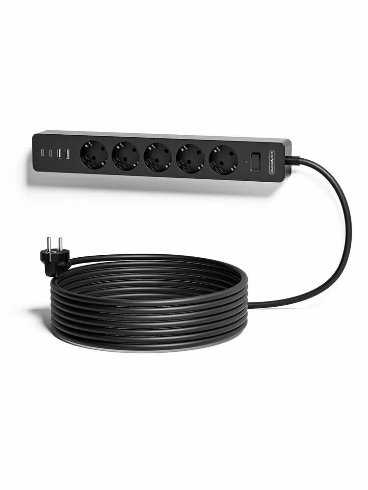 Сетевой фильтр с выключателем NTONPOWER GPC Удлинитель сетевой, 5розетки 2USB-А 2USB-С, 3 м удлинитель, Множественная защита безопасности, черный