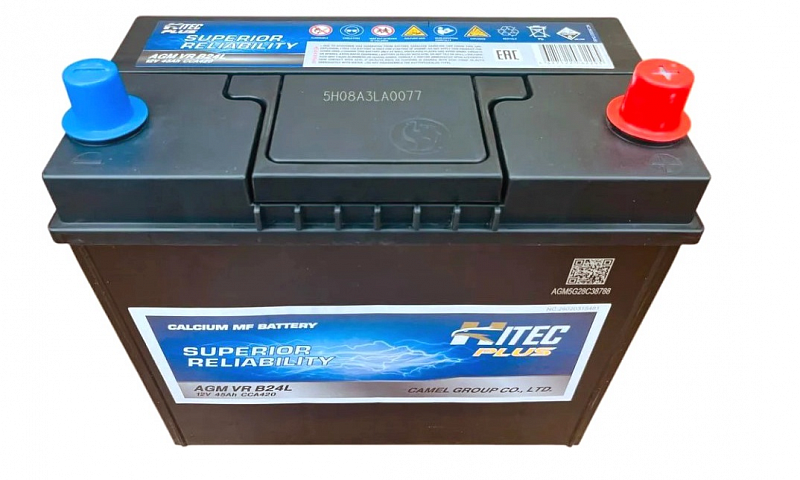 Аккумулятор автомобильный HITEC AGM VR 45Ah 420A ОП (222x128x237) B24L 222x128x227