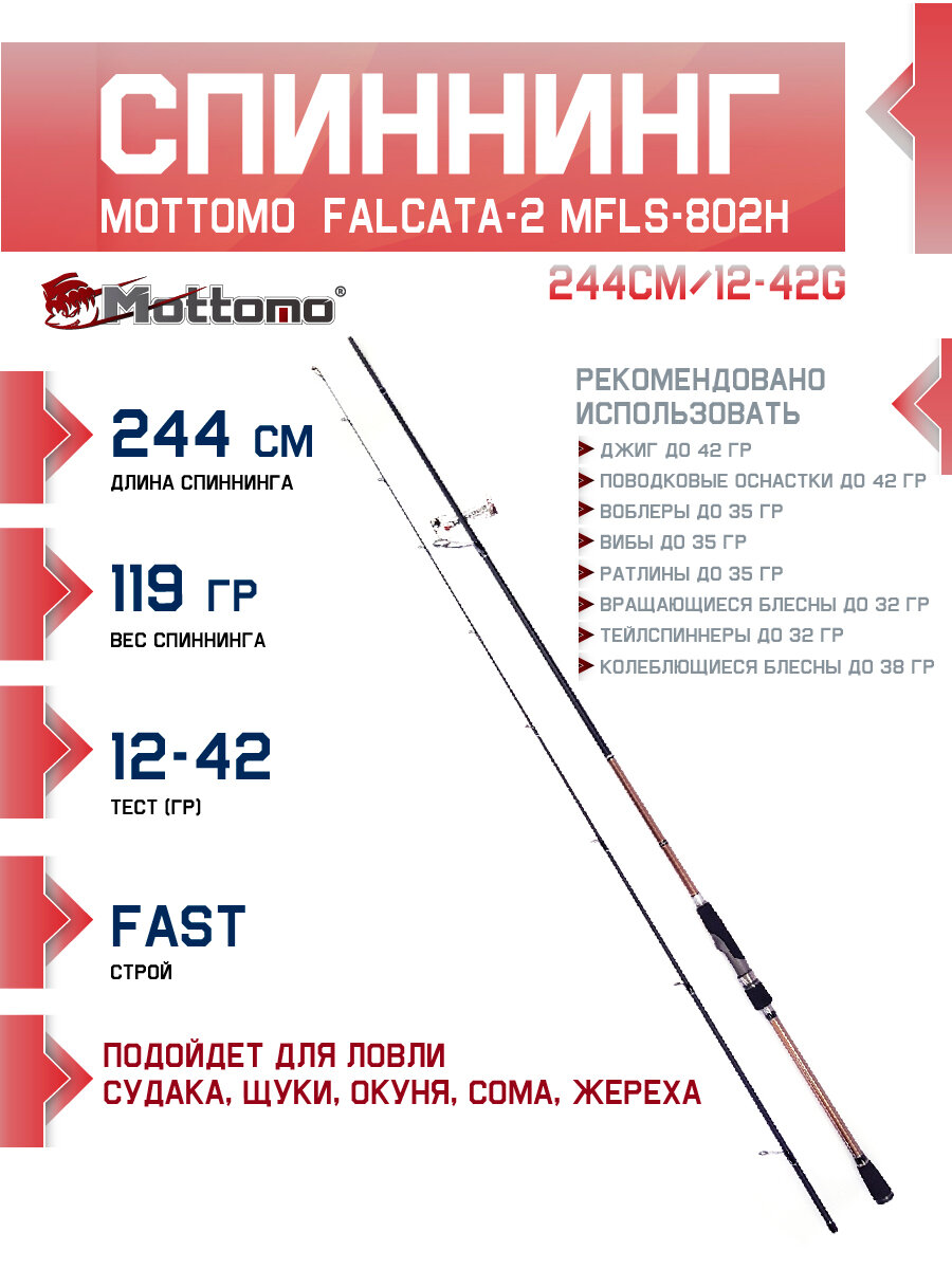 Спиннинг Mottomo Falcata-2 MFLS-802H 244см/12-42g на щуку, окуня, жереха