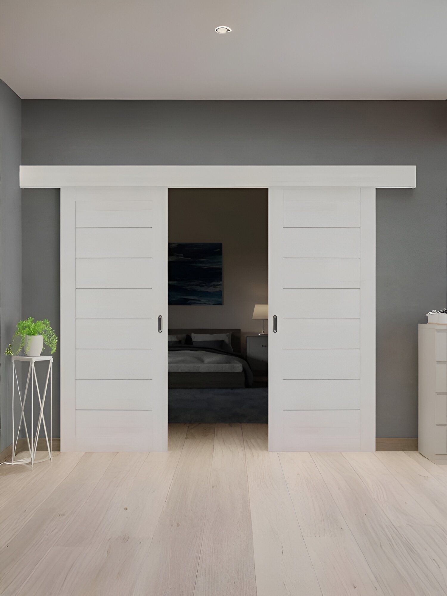 Дверь раздвижная(2 полотна)ECO 227 эшвайт размер полотен:600х2000 мм комплект: полотно 2шт + раздвижной механизм + добор