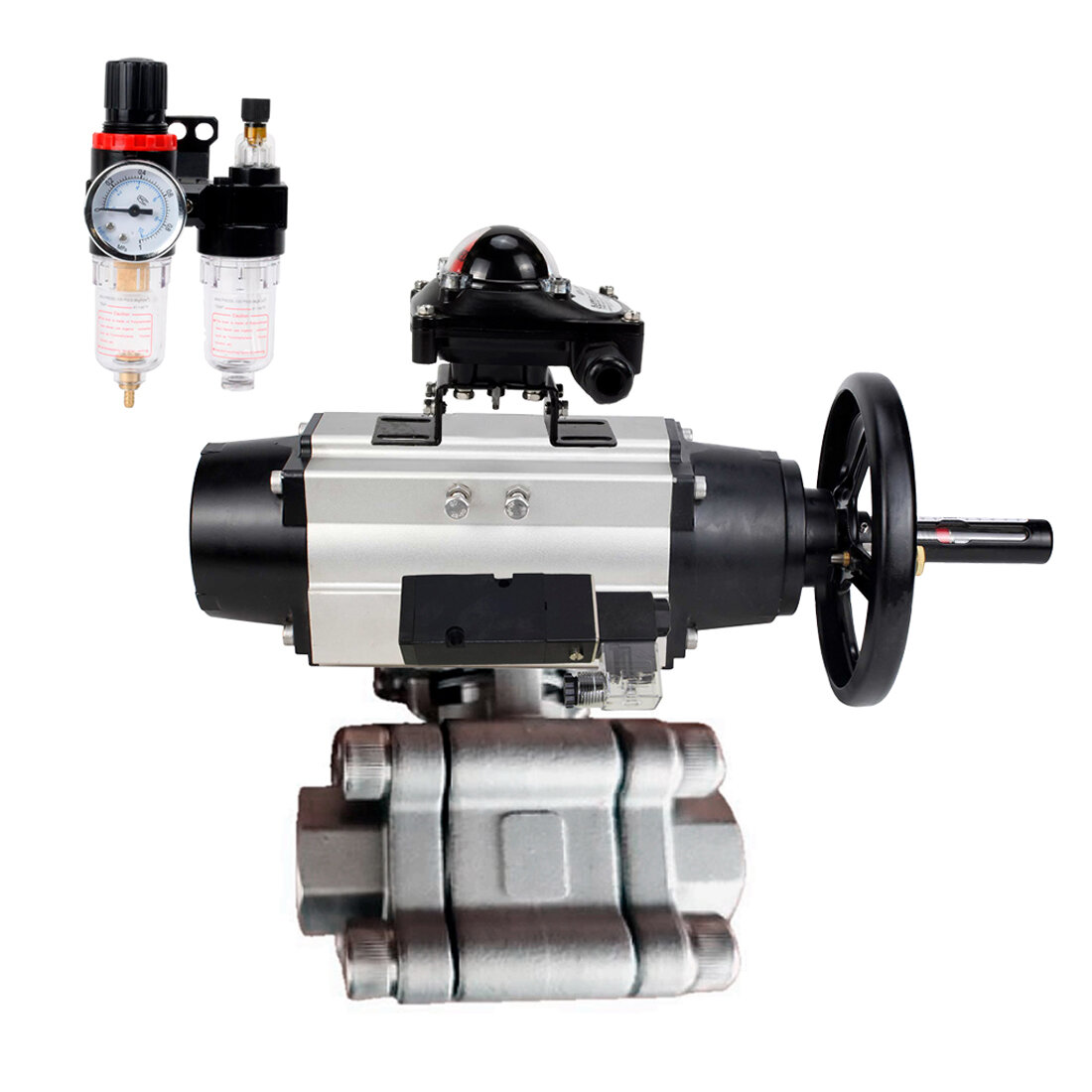 Кран шаровой DN.ru 316-316-PTFE-FP-SW-ISO-H Ду100 Ру63 полнопроходной, корпус - нерж. сталь SS316, под приварку, с пневмоприводом DA-105-1, пневмораспределителем PND2-S1EM-52-1NC-J08-24VDC, БКВ LSB-210-02NM12-220/24, БПВ APU1-10-40-V08 (опрессовано)