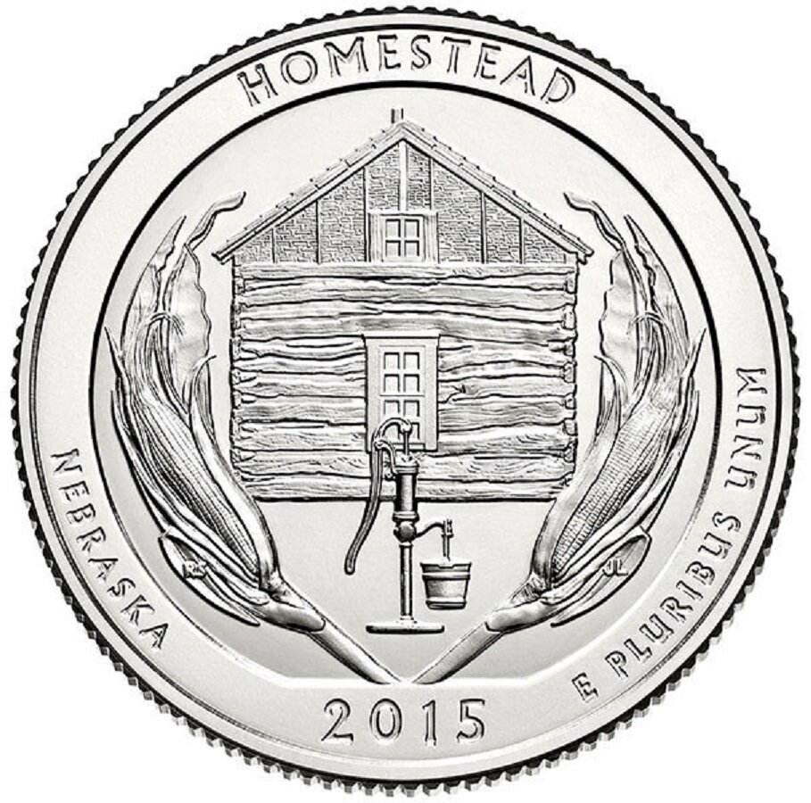 Монета номиналом 25 центов США, Небраска, 9 февраля 2015 г. Состояние UNC (25С-083)