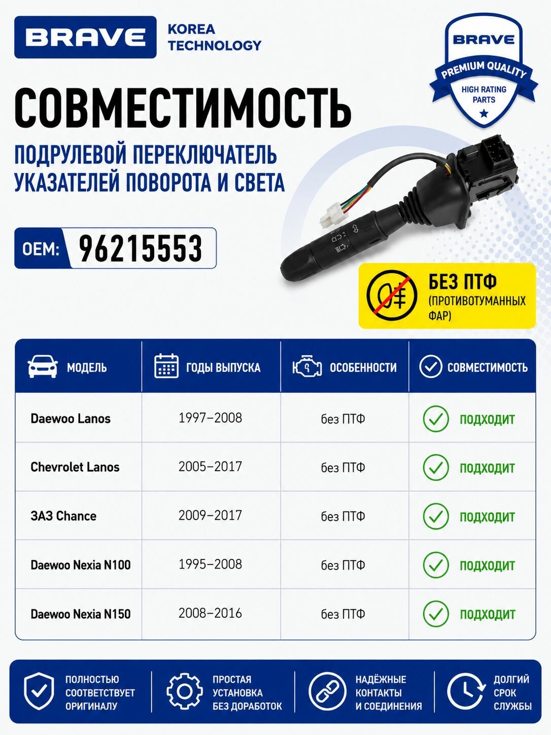 Подрулевой переключатель стеклоочистителя 96215553 правый Дэу Нексия, Daewoo Nexia N100/N150 дворники, омыватель — фото 1