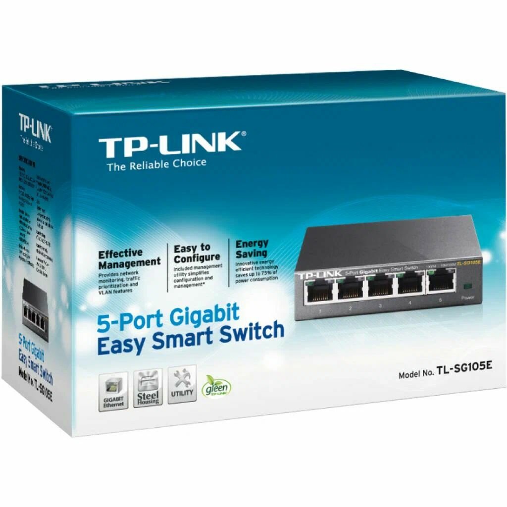 Коммутатор сетевой TP-Link SMB TL-SG105E 5-Port Gigabit Desktop Easy Smart Switch, 5 10/100/1000Mbps RJ45 ports, MTU/Port/Tag-based VLAN, QoS, IGMP Snooping
