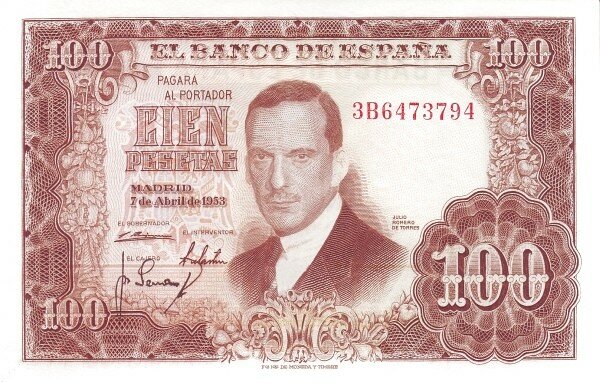 Испания 100 песет 1953 Художник Хулио Ромеро де Торрес UNC
