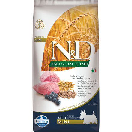 N&D ancestral grain dog ягненок, спельта, овес и черника для взрослых собак mini 7 кг