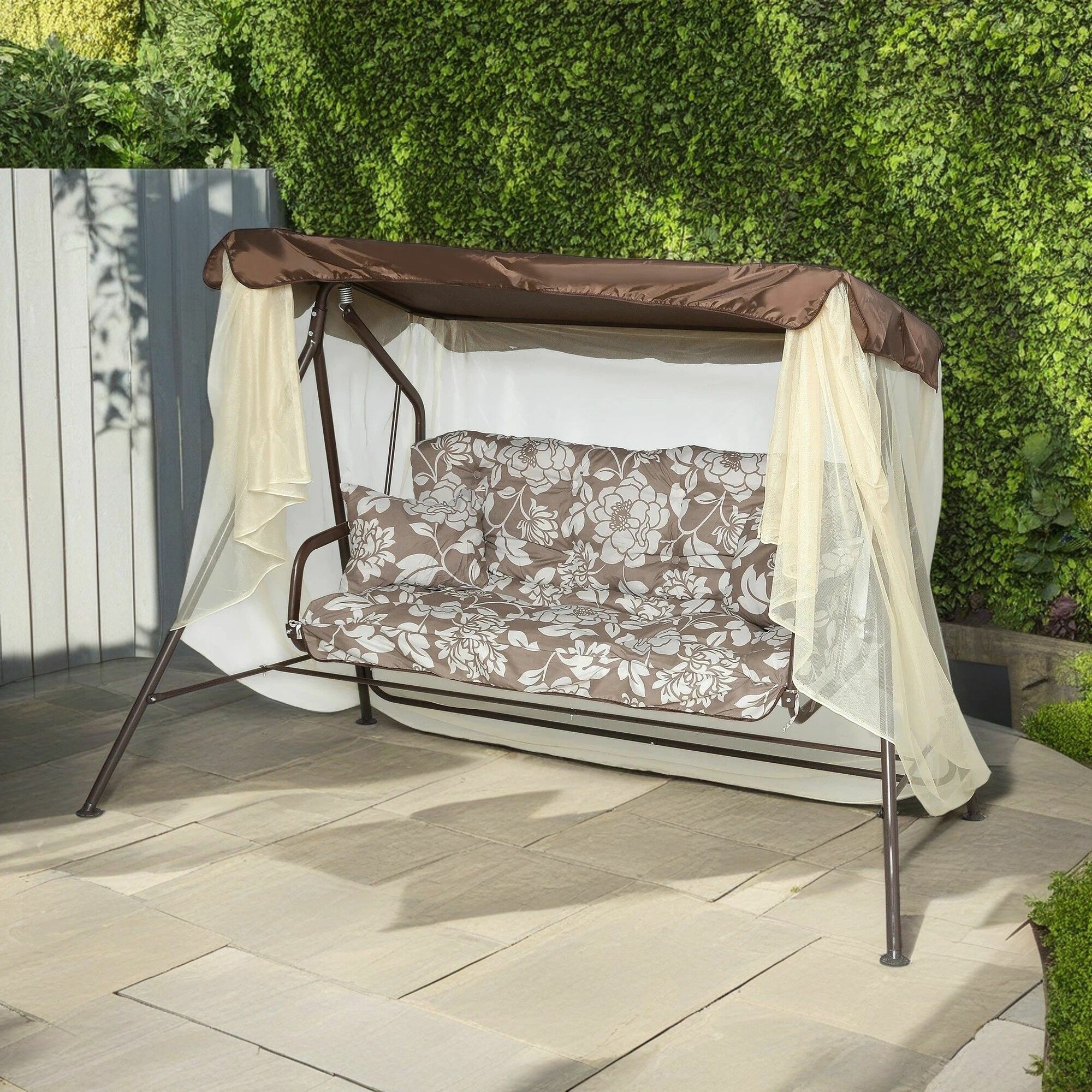 Садовые качели "Невада", 2х местная качель для сада и дачи, 121x204x144 см, коричневый/бежевый/белый