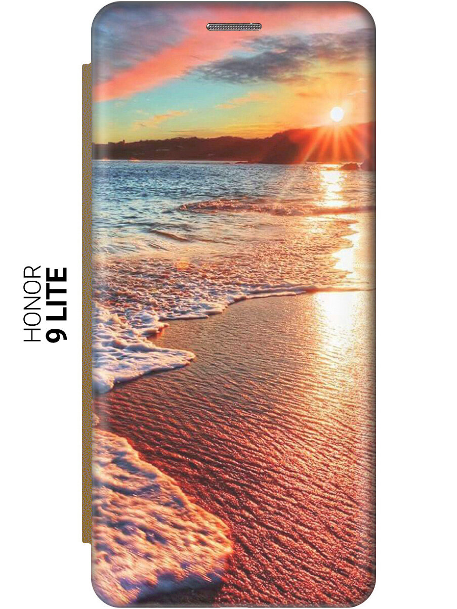 Чехол-книжка на Honor 9 Lite, Хонор 9 Лайт с 3D принтом "Залитый светом пляж" золотой