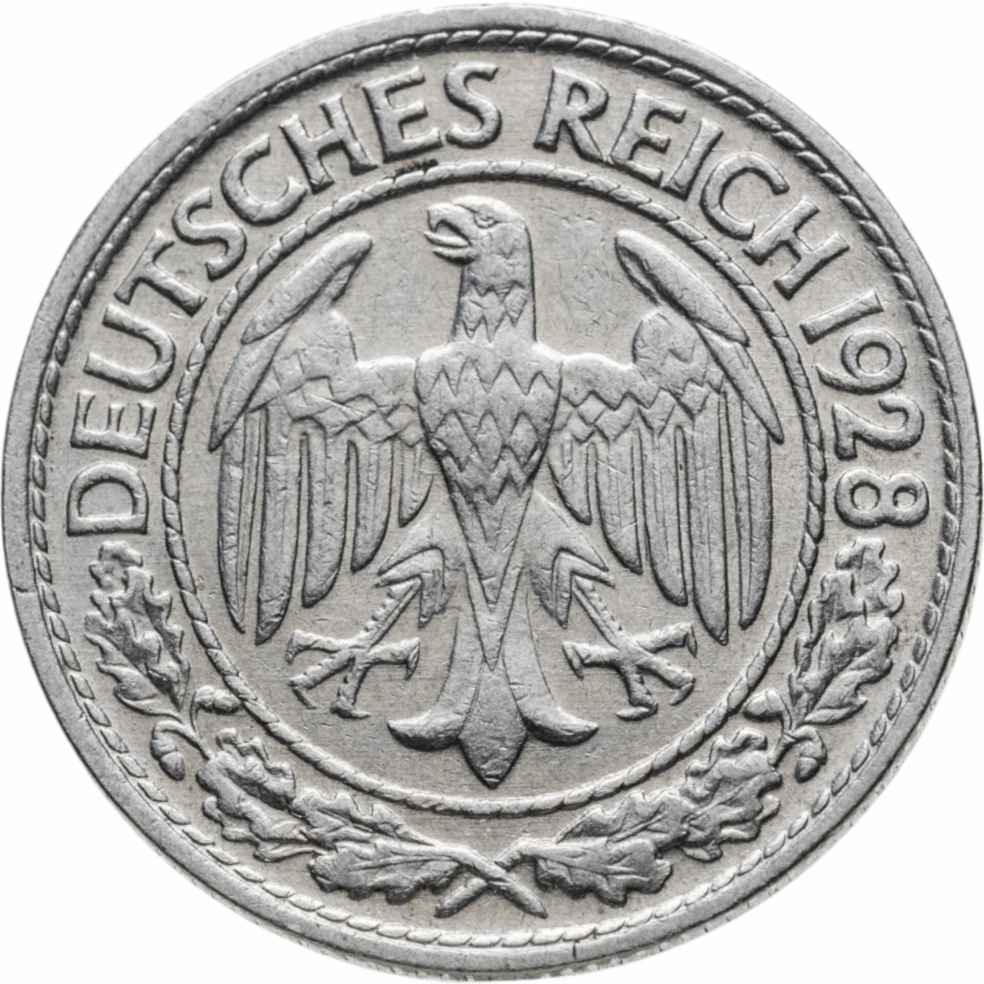 Германия 50 рейхспфеннигов reichspfennig 1928, знак монетного двора "D" — Мюнхен, Никель, в сохранности XF-AU